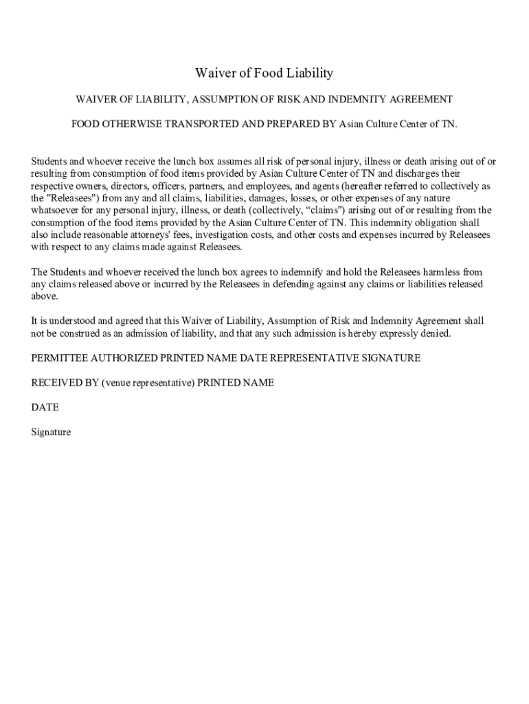 Fillable Online Food Liaiblity Waiver form 2020Orignial Fax Email Print ...