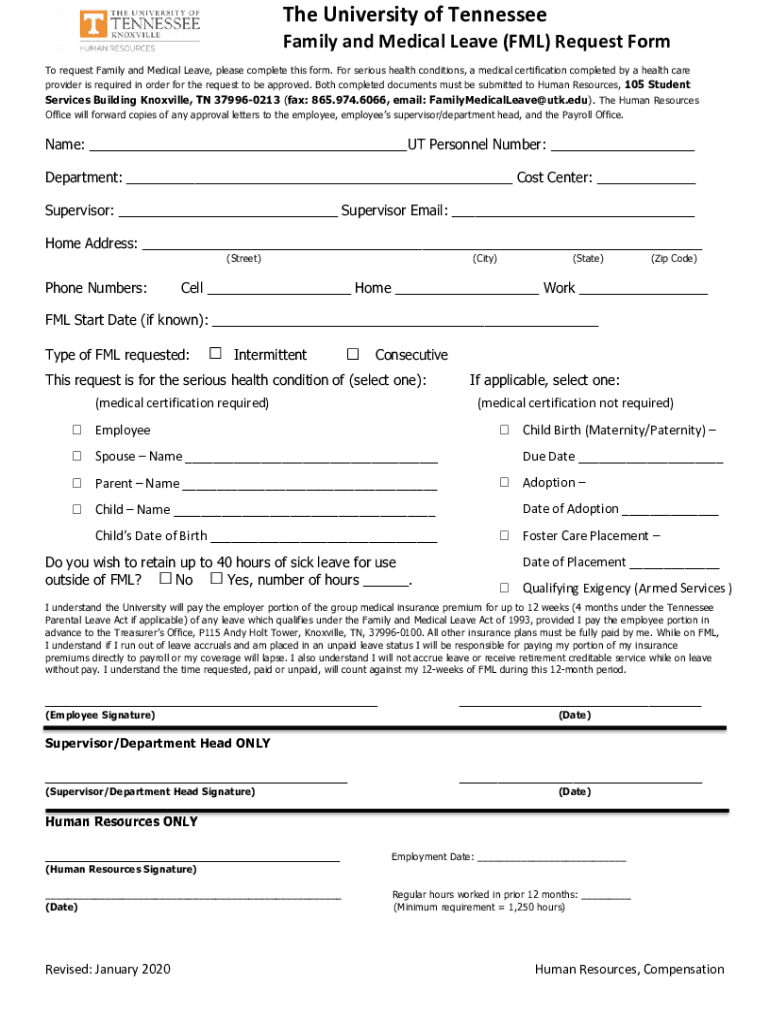 Fillable Online hr utk Family and Medical Leave Act Request for FMLA ...