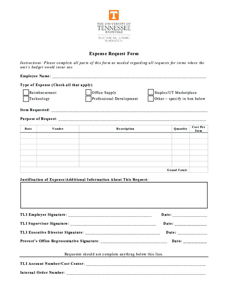 Fillable Online Expense Request Form - teaching.utk.edu Fax Email Print ...