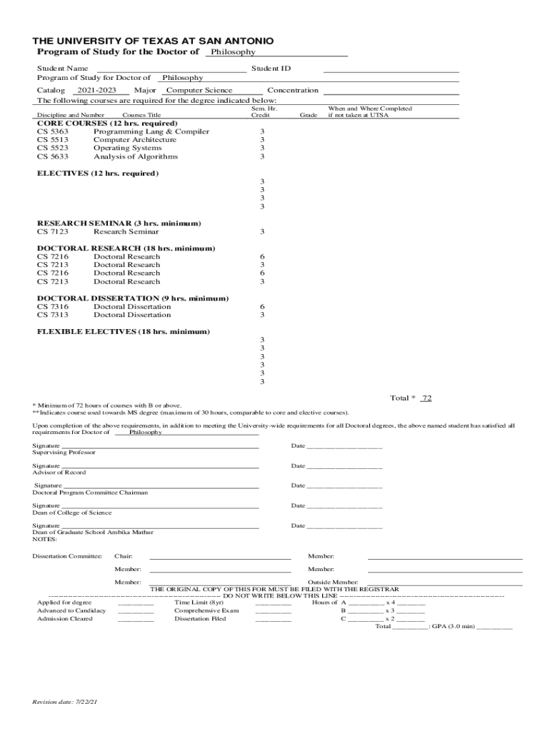 Fillable Online cs utsa Program of Study for Doctor of Fax Email Print ...