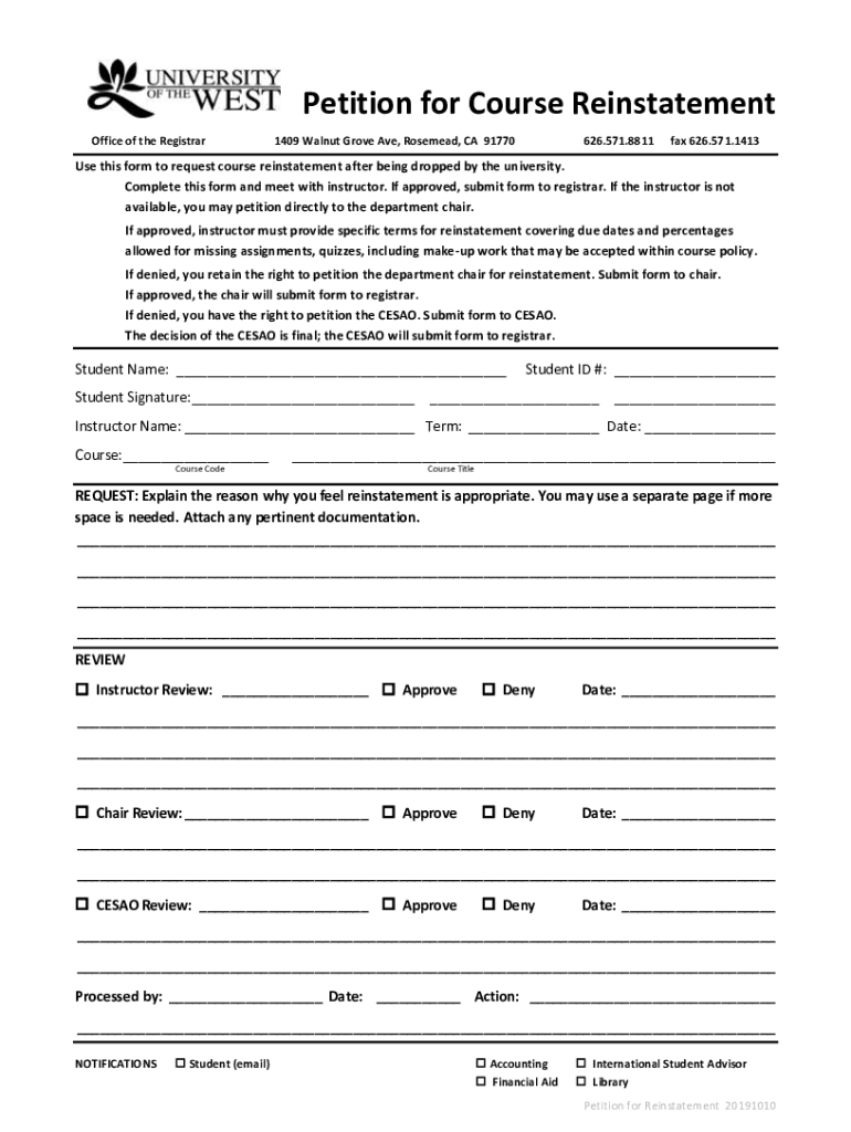 Fillable Online Fillable Online Petition for Program Reinstatement Fax ...