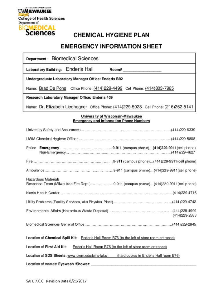 Fillable Online CHEMICAL HYGIENE PLAN EMERGENCY INFORMATION SHEET Fax ...