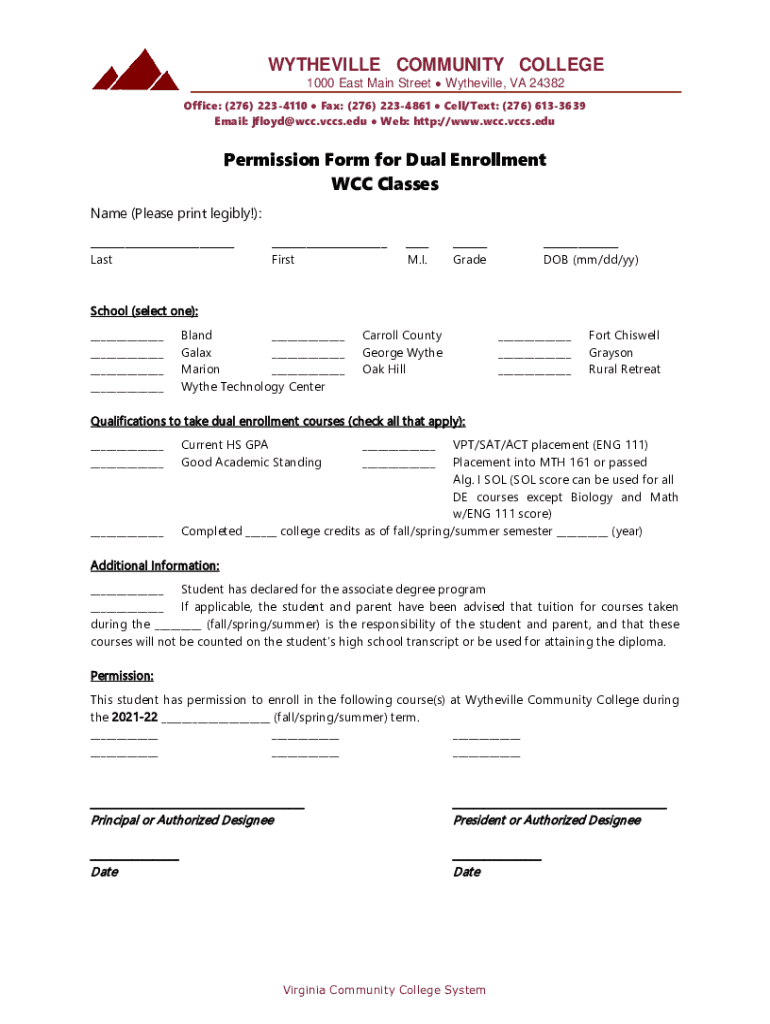 Fillable Online Dual Enrollment Permission Form - Principal's Signature ...