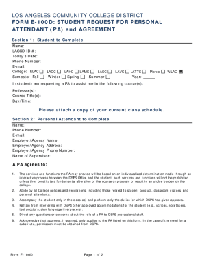 Fillable Online FORM E-100D: STUDENT REQUEST FOR PERSONAL ATTENDANT ...