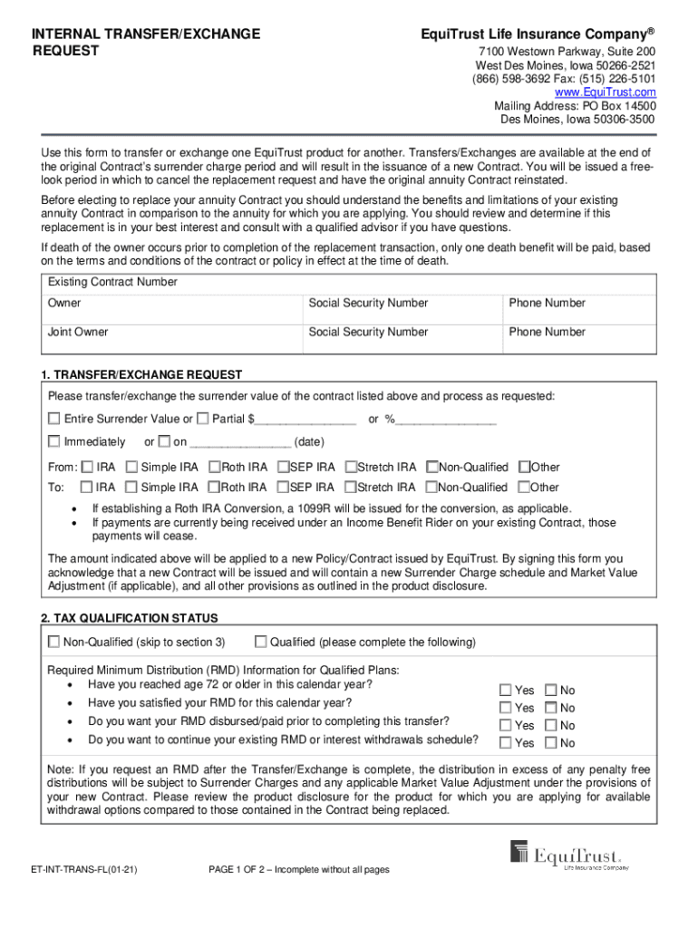 Fillable Online Equitrust Life Insurance Co7100 Westown Pkwy #200, West ...