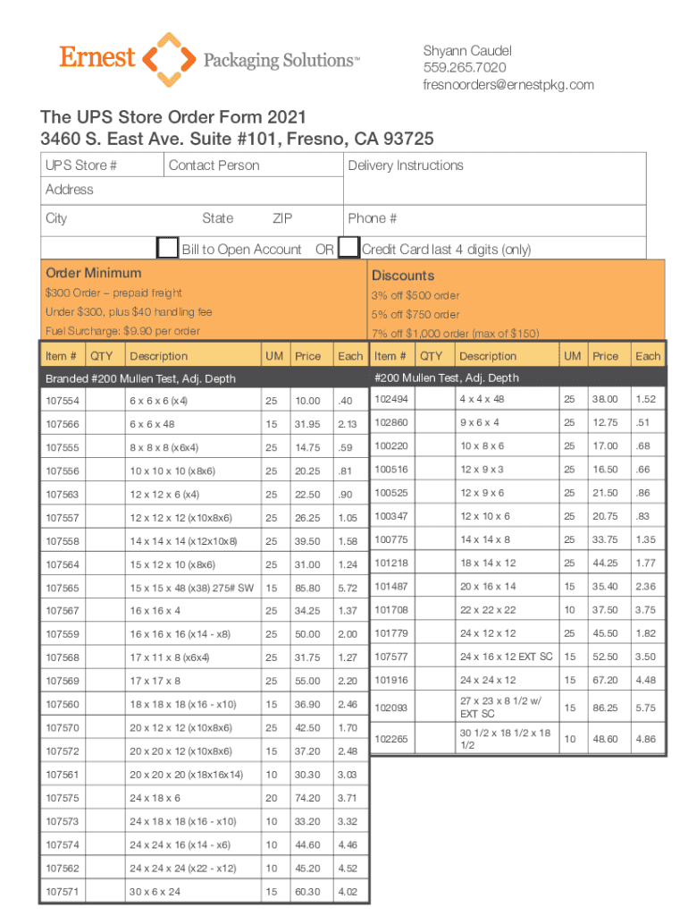 Fillable Online The UPS Store Order Form 2021 3460 S. East Ave. Suite ...