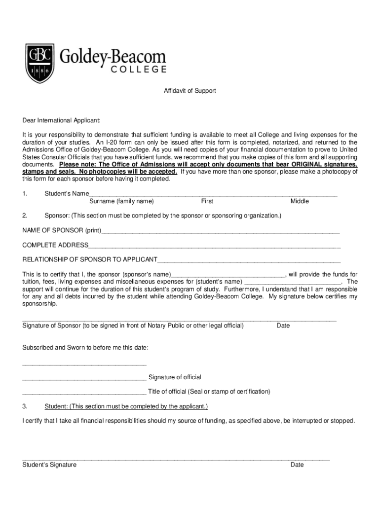 Fillable Online Bank Statement And Affidavit Of Support - Gbc - Fill ...