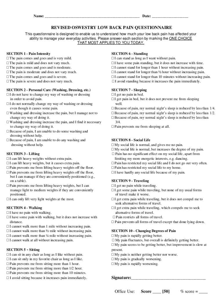 Fillable Online REVISED OSWESTRY LOW BACK PAIN DISABILITY QUESTIONNAIRE ...