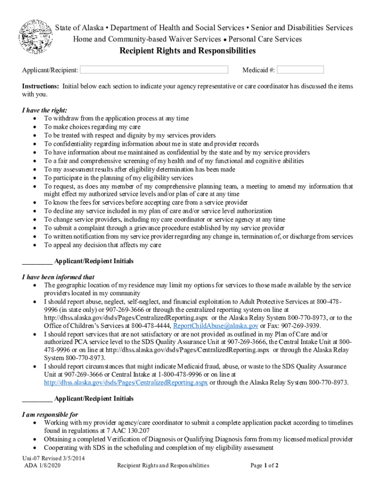 Fillable Online dhss alaska Recipient Rights and Responsibilites ...