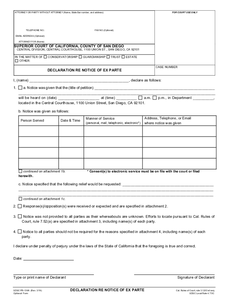Fillable Online PR-136A Declaration Re Notice of Ex Parte Fax Email ...