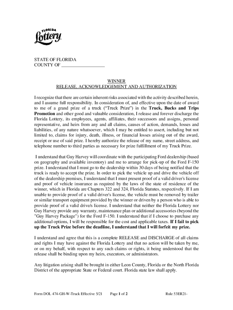 Fillable Online WINNER RELEASE, ACKNOWLEDGEMENT AND AUTHORIZATION Bonus ...