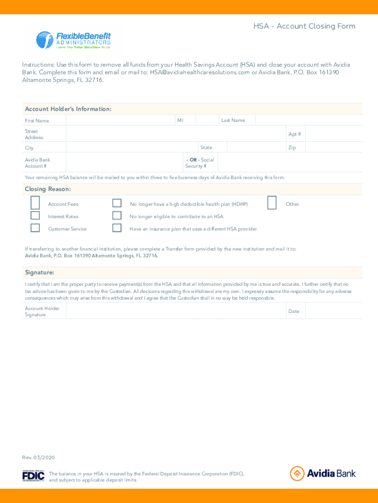 Fillable Online HSA Bank Account Closing Form - Health Savings Account ...