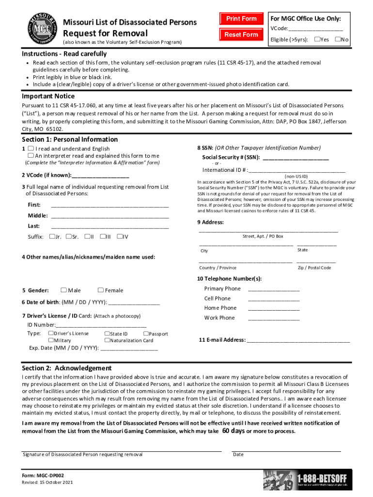 Fillable Online mgc dps mo DAP Removal Application Fax Email Print ...