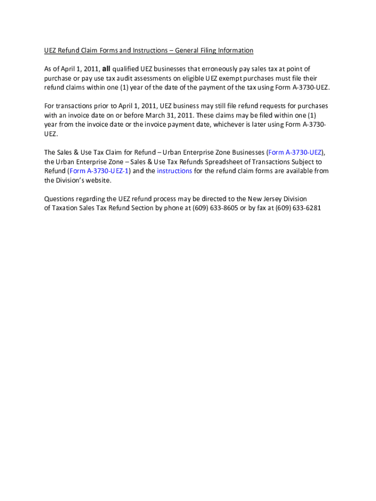 Fillable Online UEZ Refund Claim Forms and InstructionsGeneral Filing ...