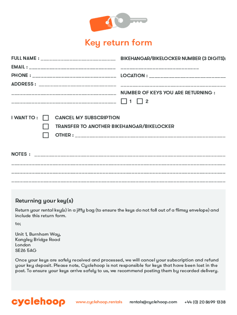 Fillable Online Key return form - HomepageCyclehoop Fax Email Print ...