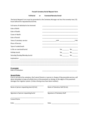 Fillable Online Forsyth Cemetery Burial Request Form Full Burial or ...