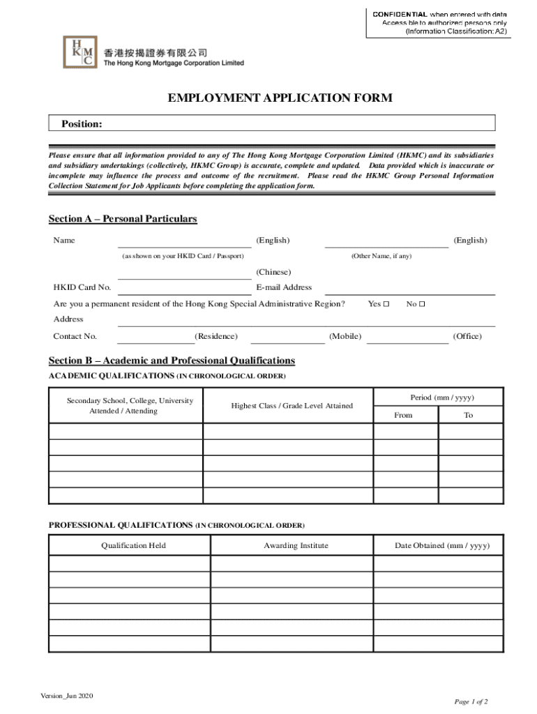 Fillable Online HKMCA Employment Application Form Fax Email Print ...