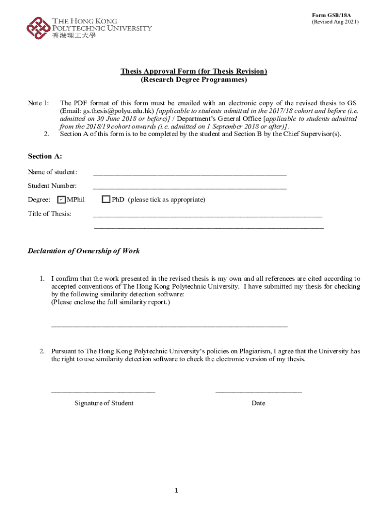 Fillable Online Thesis Approval Form (for Thesis Revision) (Research ... Fax Email Print - pdfFiller
