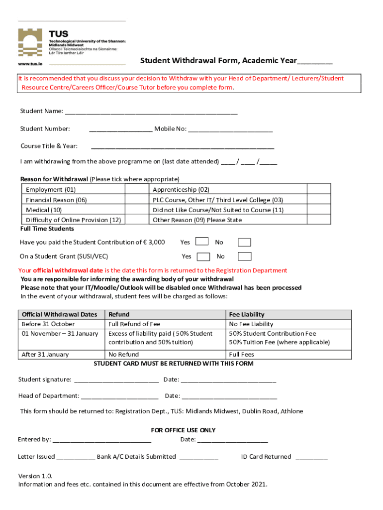 Fillable Online Student Withdrawal Form, Academic Year - ait.ie Fax ...