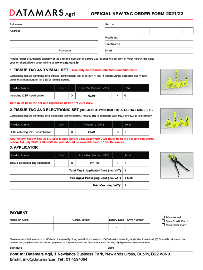 Fillable Online Fillable Online OFFICIAL NEW TAG ORDER FORM - datamars ...