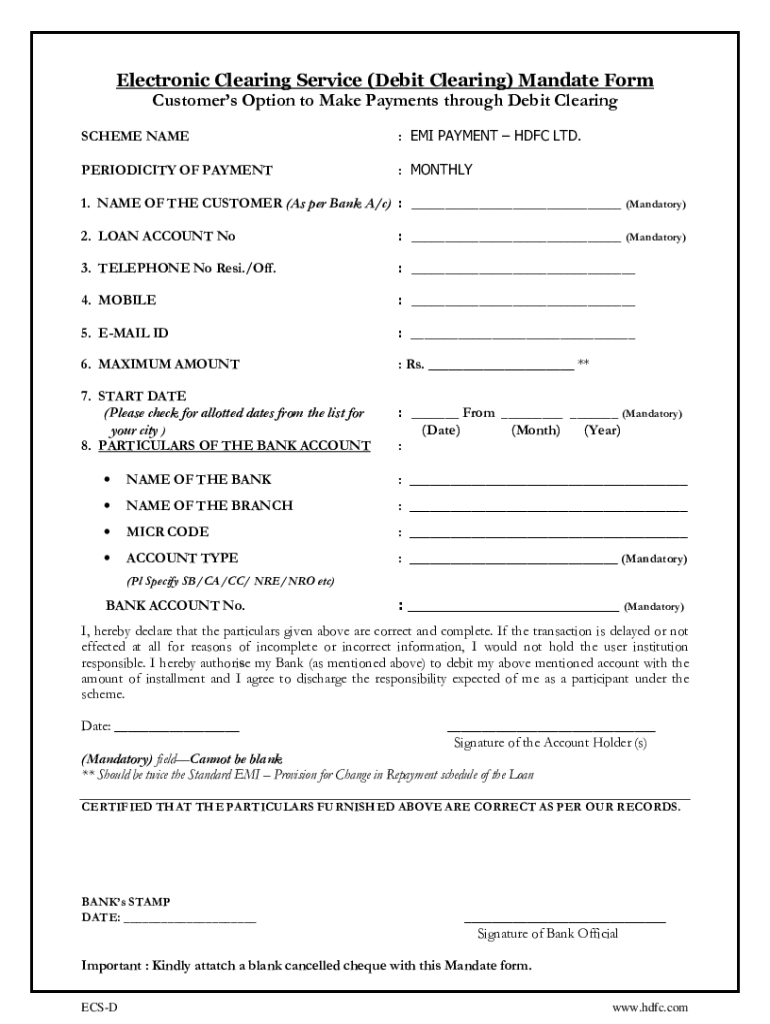 Fillable Online FORM NO.E-5 Electronic Clearing Service (Credit ...