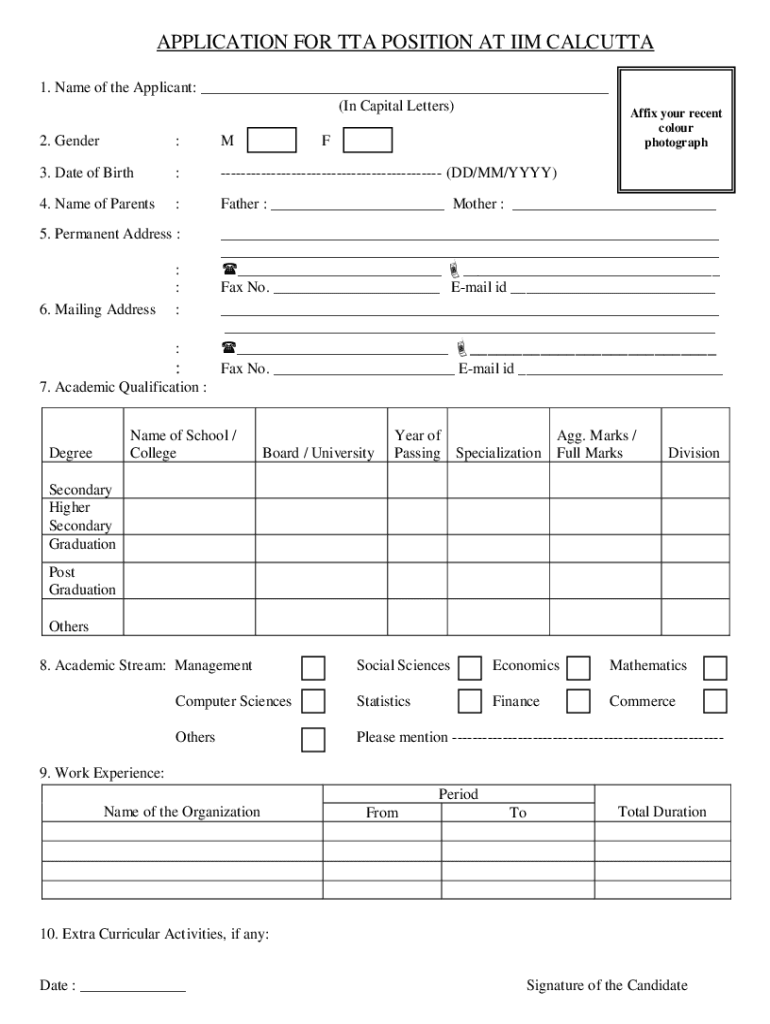 Fillable Online APPLICATION FOR TTA POSITION AT IIM CALCUTTA Fax Email Print - pdfFiller