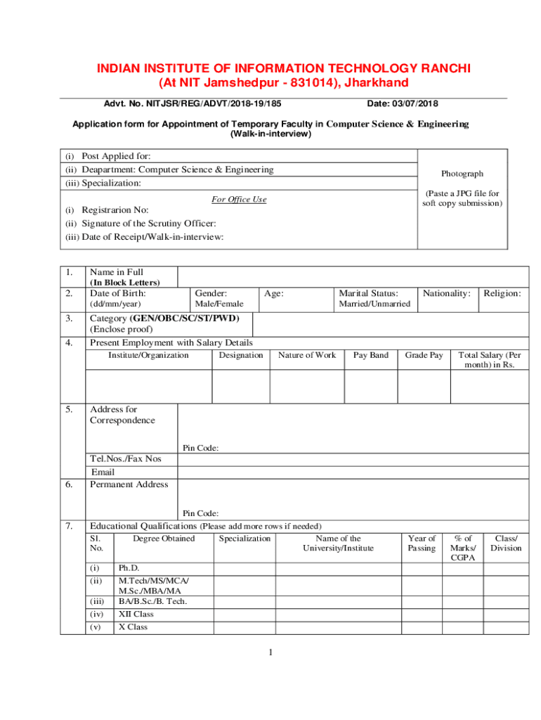 Fillable Online INDIAN INSTITUTE OF INFORMATION TECHNOLOGY RANCHI (At ...