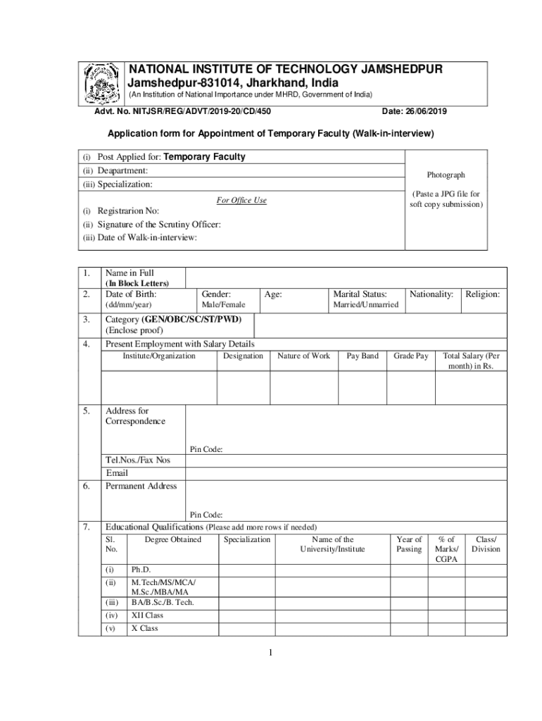 Fillable Online APPLICATION FORM FORTEMPORARY FACULTY NIT JSR JUNE 2019 ...
