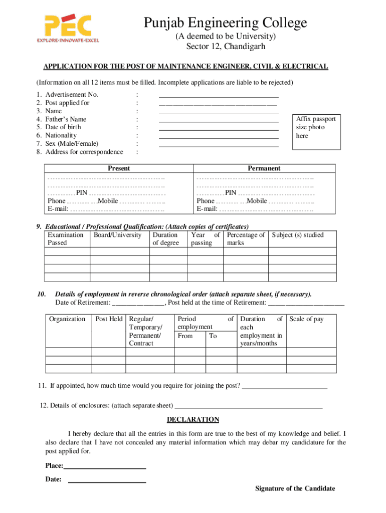 Fillable Online pec ac Details of advertisement for the post of ...