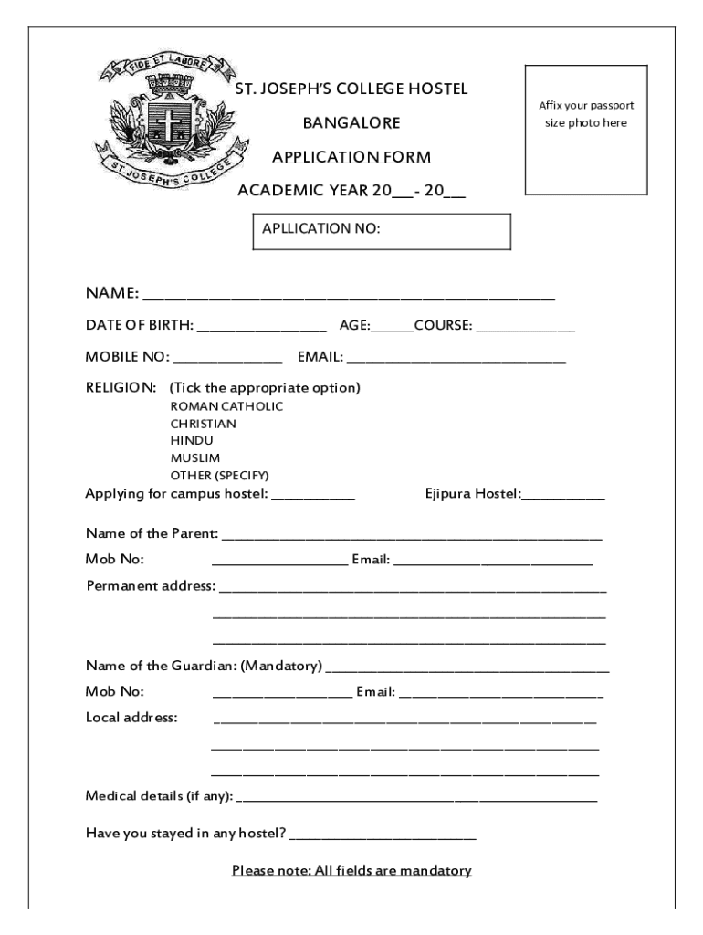 Fillable Online sjc ac Hostel application form - Jain University Fax ...