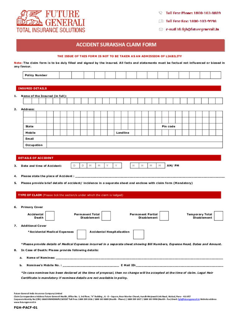 Fillable Online general futuregenerali ACCIDENT SURAKSHA CLAIM FORM ...
