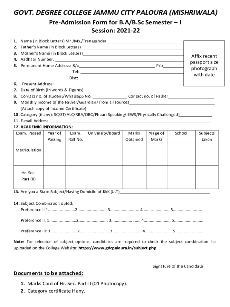 Fillable Online Pre-Admission Form for B.A/B.Sc Semester I Session: 2021-22 Fax Email Print ...
