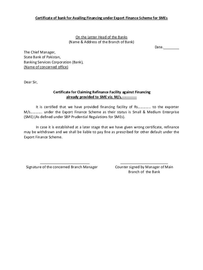 Fillable Online Certificate of bank for Availing Financing under Export ...