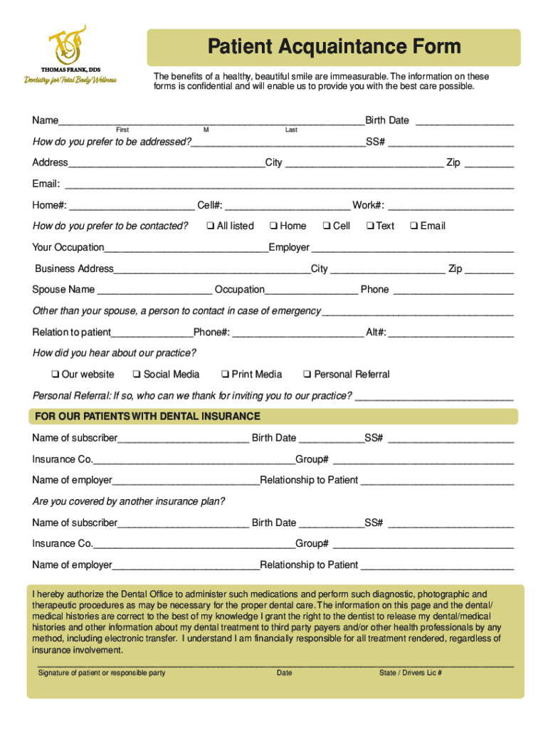 Fillable Online P atient Acquaintance Form Fax Email Print - pdfFiller