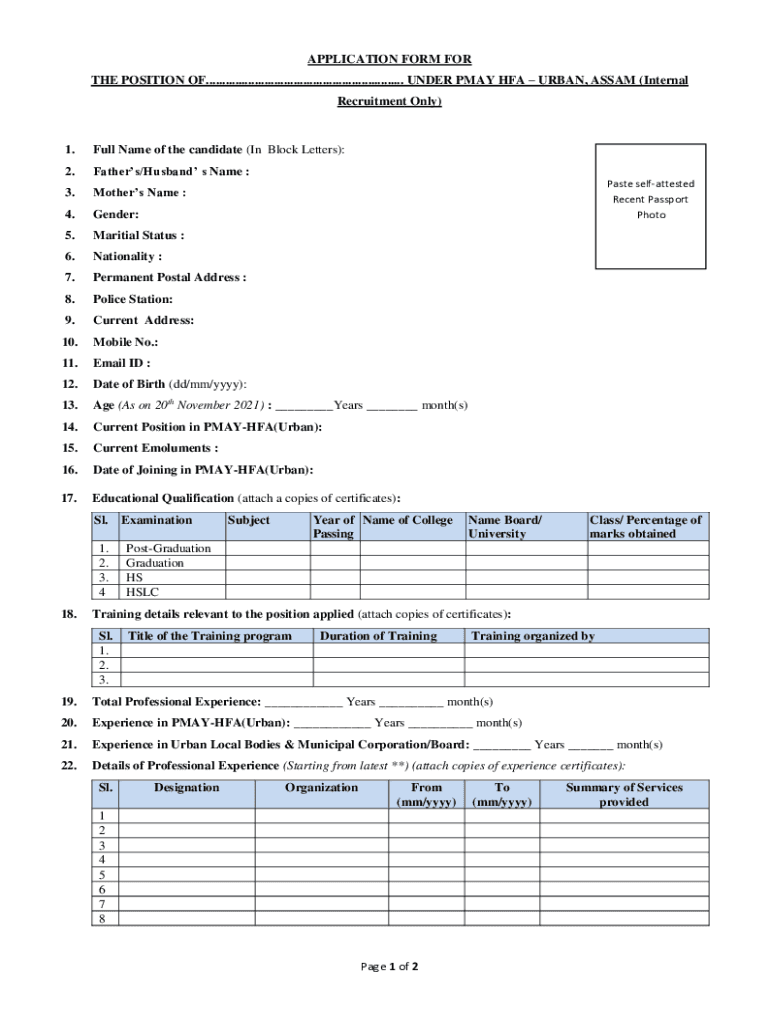 Fillable Online APPLICATION FORM FOR THE POSITION OF UNDER PMAY HFA ...