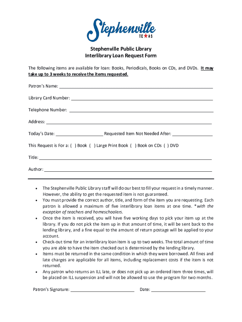 Fillable Online Stephenville Public Library Interlibrary Loan Request ...
