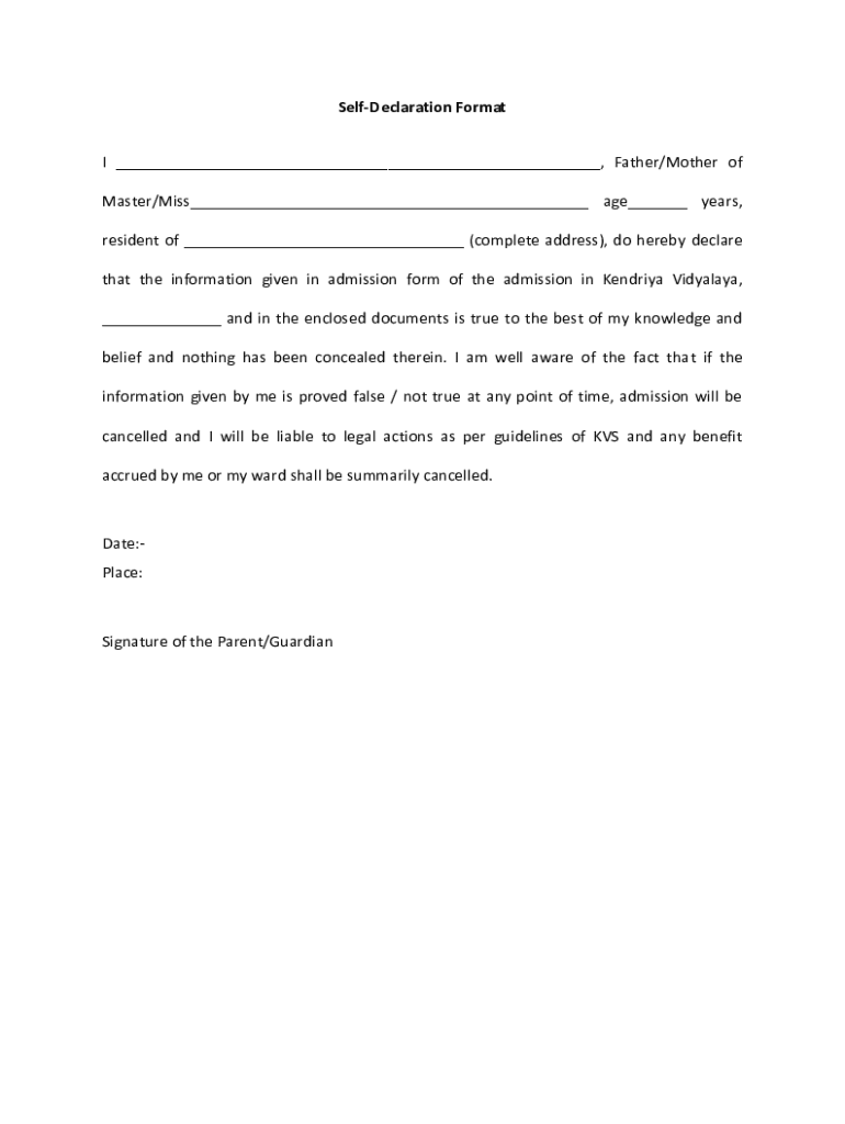 Fillable Online KV Admission 2020-21 Self Declaration Form PDF Download ...