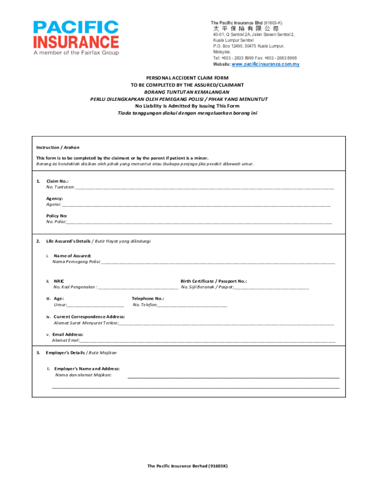 Fillable Online Student Accident Claim Form - The Pacific Insurance ...