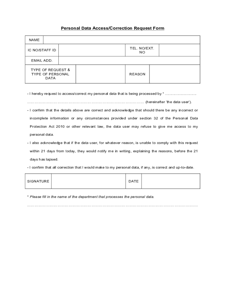 Fillable Online BNM Personal Data Access - Correction Form Fax Email ...