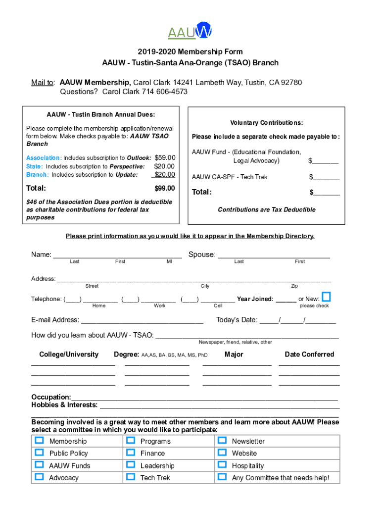 Fillable Online tustin-ca aauw Membership Application form copy - AAUW ...