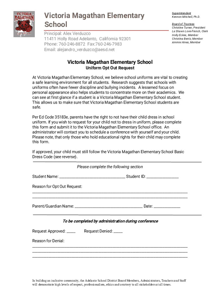Fillable Online Victoria Magathan Uniform Opt Out Form 21-22.docx Fax ...