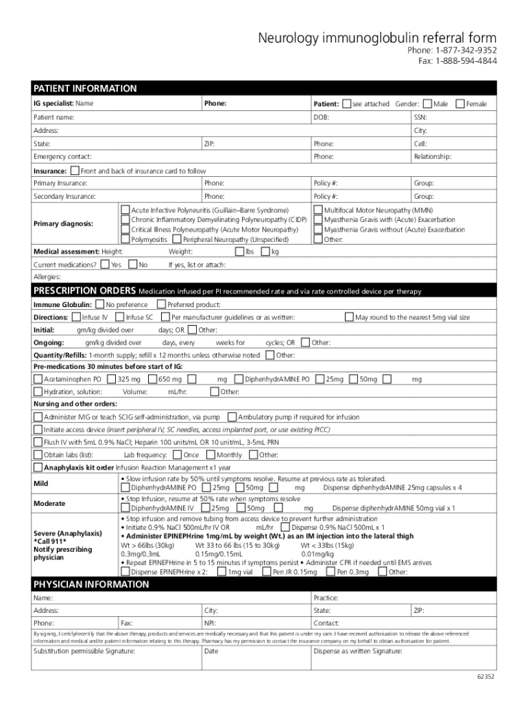 Fillable Online Fillable Online Neurology Immunoglobulin Referral Form ...