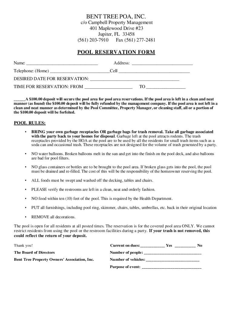Fillable Online POOL RESERVATION FORM - benttreepbg.net Fax Email Print ...
