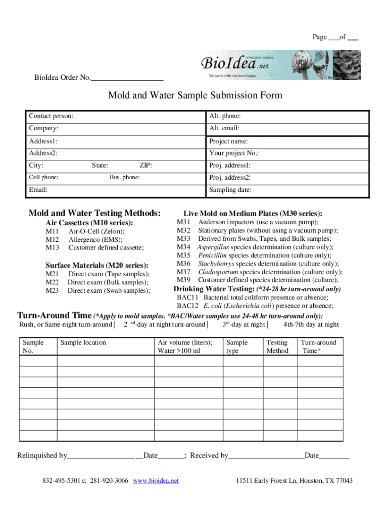 Fillable Online Fillable Online Mold, Bacteria and Water Sample ...