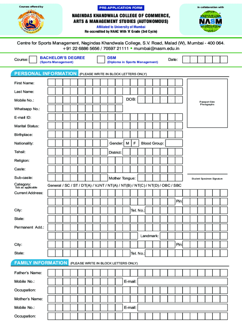 Fillable Online NASM UG - Pre-Application Form (Mumbai) 2021.cdr Fax ...