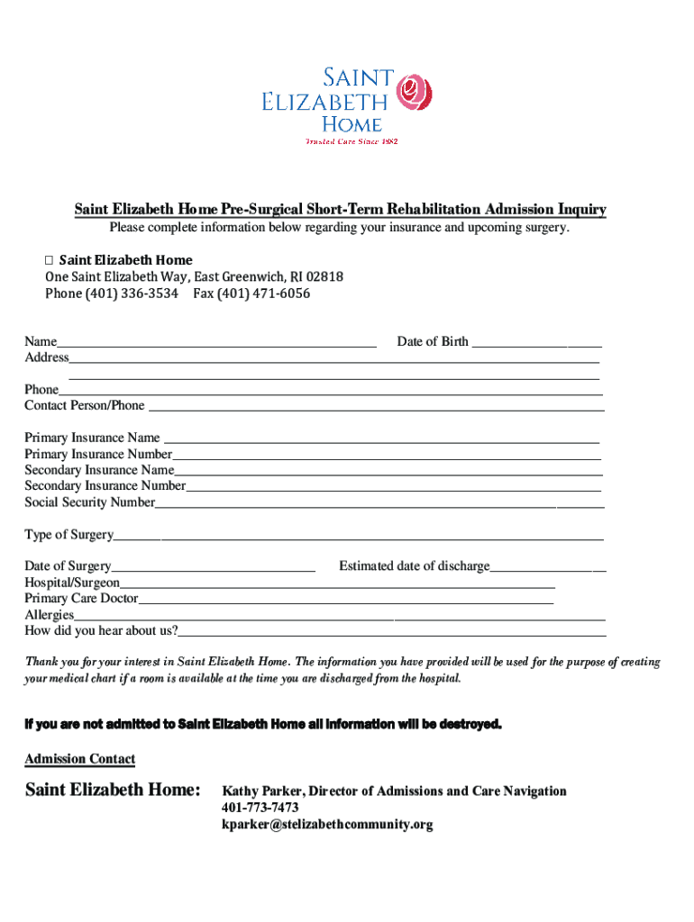 Fillable Online Pre and Post-Op Surgical Information - St. Elizabeth's ...