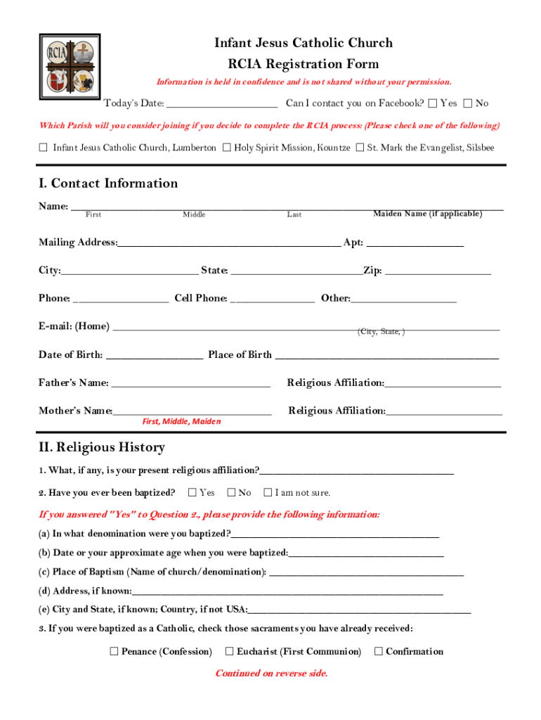 Fillable Online Infant Jesus Catholic Church RCIA Registration Form Fax ...