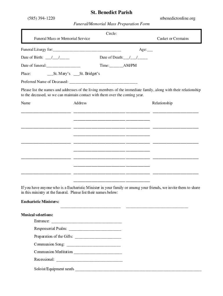 Fillable Online Funeral rites planning form - catholicnewsherald.org ...
