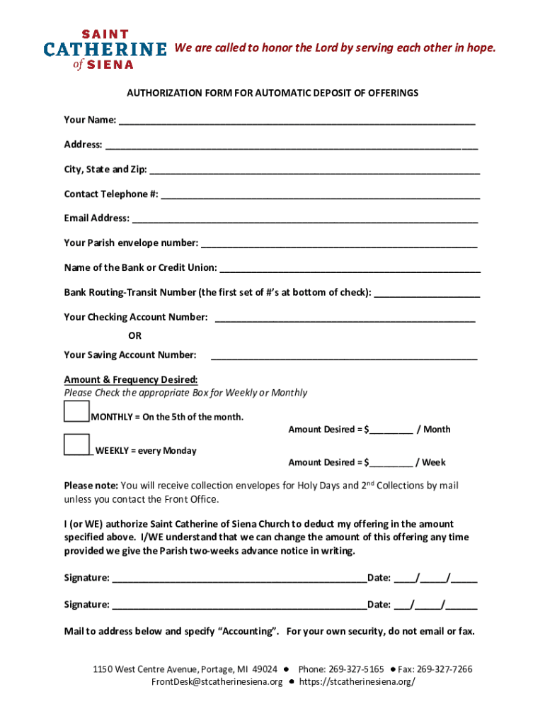 Fillable Online AUTHORIZATION FORM FOR AUTOMATIC DEPOSIT OF OFFERINGS ...