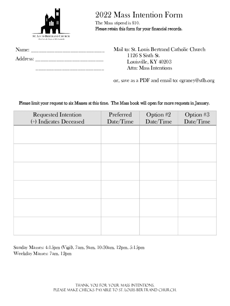 Fillable Online 2022 Mass Intention Form Fax Email Print - pdfFiller